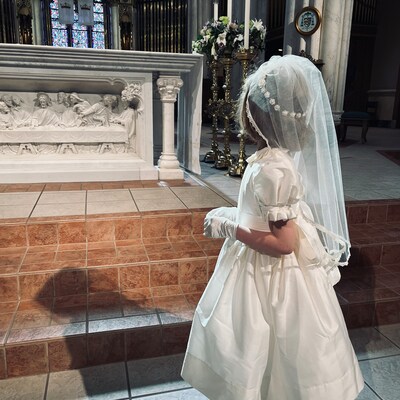 First Communion Linen Dress, Pink Silk Sash. White Lace in All the ...