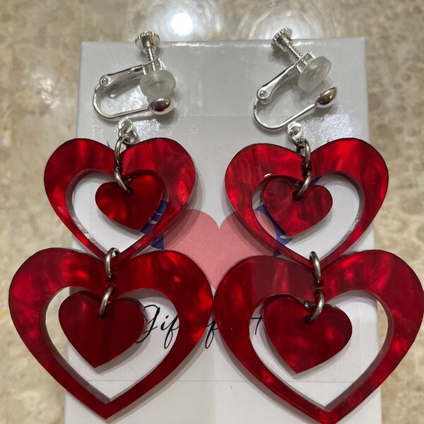 Red Nesting Hearts Acrylic Earrings, Laser Cut Love Statement Earrings ...