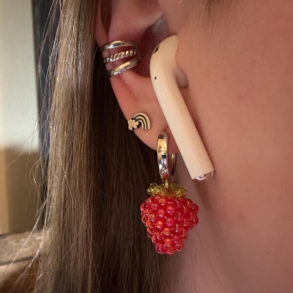 Beaded Raspberry Earrings With Gold or Silver Huggie | 3D Handmade ...