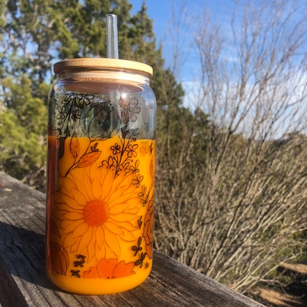 Fall Floral Glass Can Cup, Iced Coffee Cup, Smoothie Glass, Fall Cup ...