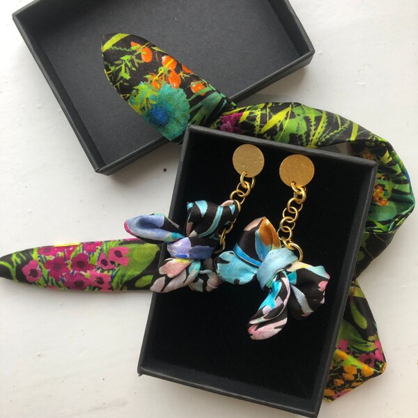 Statement Earrings Handmade in Elegant Liberty Print Silk, Gold Plated Dangle Earrings ...