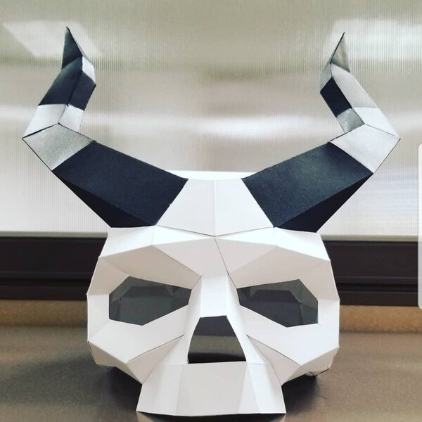 Horned Skull, Demon Paper Mask, Lowpoly 3D Papercraft Mask Template ...