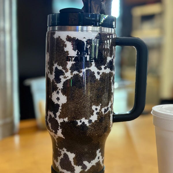 Custom Cow Hide Authentic Stanley Tumbler Epoxy Glitter Black Cow