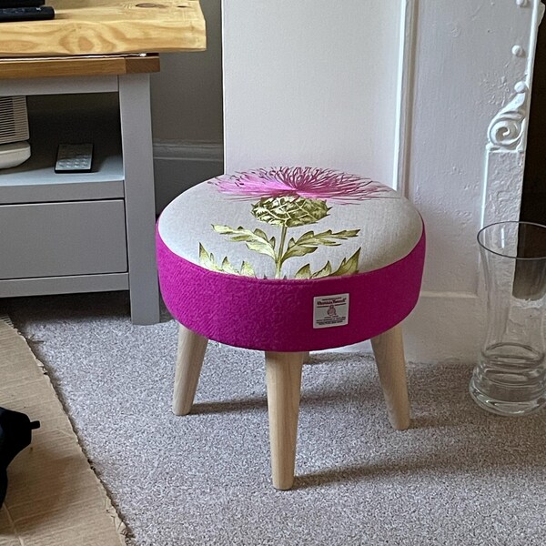 Burnt Orange Embroidered Thistle and Harris Tweed Footstool With ...