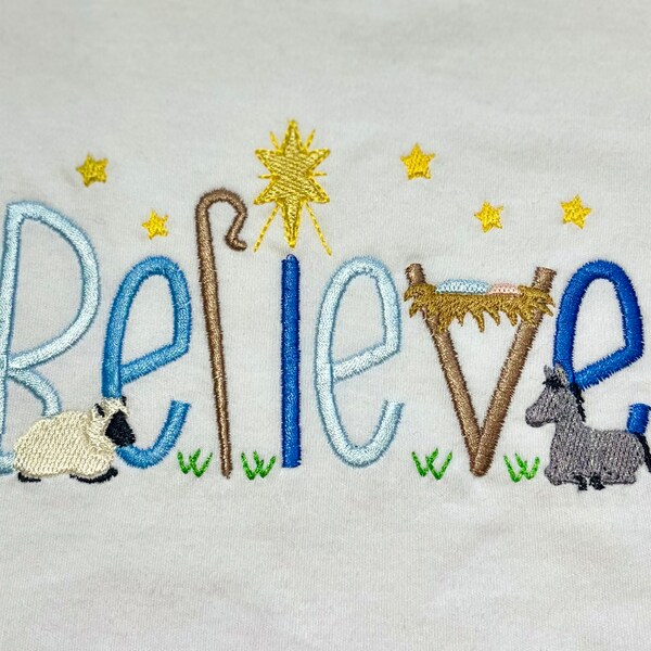 BELIEVE Baby Jesus Nativity, Bethlehem Star, Donkey, Sheep Machine ...