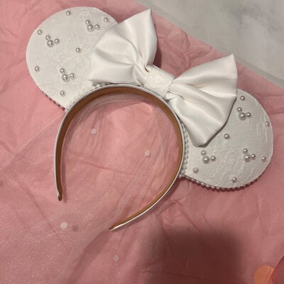 Pastel Pink Ears With Pastel Pink Bow and Embellished Pearls Handmade ...