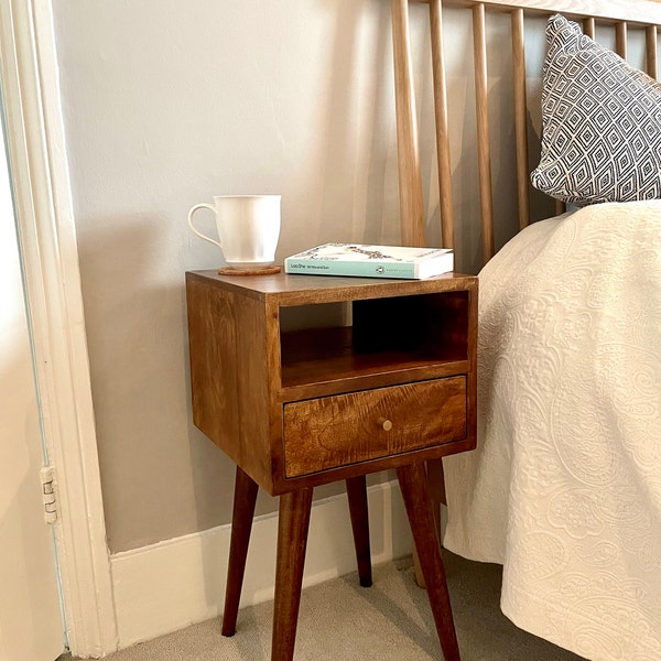 Small Bedside Table With Drawer • Slim Bedside Table Dark Wood • Narrow ...