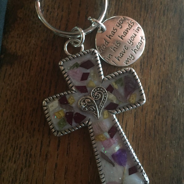 Keychain Cross, Dried Flower Petal Cross, Cross Keepsake, Funeral ...