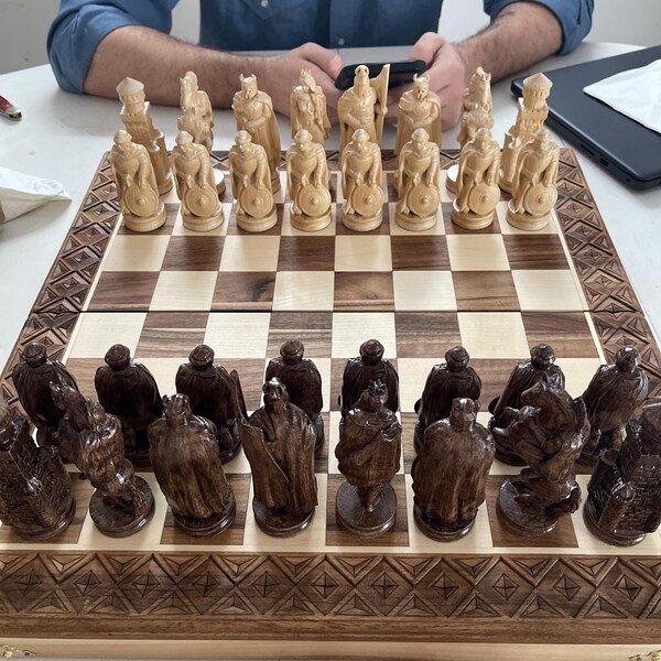 Medieval Themed Chess Set Pieces, Large Wood Carving Chess Pieces With ...