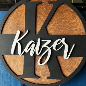 Monogram Door Hanger Name Sign, Personalized Round Wooden Initial Wall ...