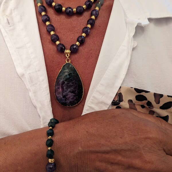 Turquoise and Tigers Eye Statement Necklace With Gold Plated Pendant, Christmas Gifts for Her ...