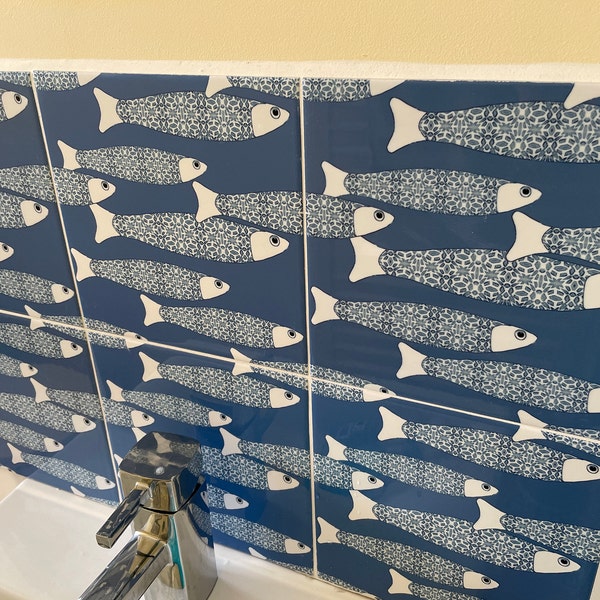 Sky-blue Fish Tile, Ocean Tile Feature Wall, Fish Decor, Pattern ...