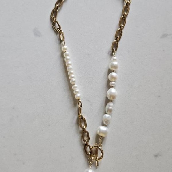 Half Pearl Half Silver Necklace, Half Pearl Half Chain Necklace, Pearl ...