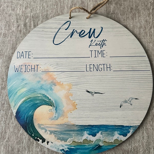 Ocean Birth Stat Sign, Round Wood Birth Stat Sign, Ocean Wave Birth ...