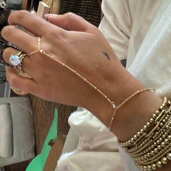 Beaded Gold Filled Hand Chain | Ring Bracelet | Rose Gold Filled Hand ...