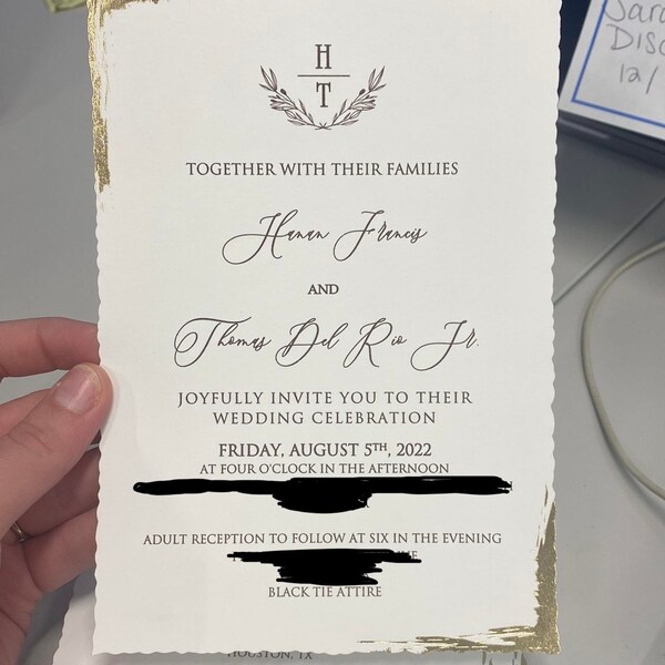 Wedding Invitation Gold Foil Deckle Edge Invitations Minimalist Design ...