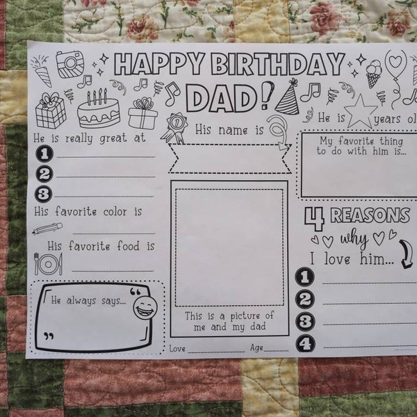 Happy Birthday Dad Coloring Page | Happy Birthday Dad Placemat Activity ...