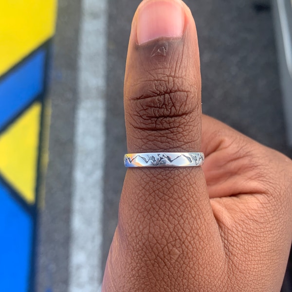 Mountain Engraved Unique 3.5mm Solid 925 Sterling Silver Band Wedding ...