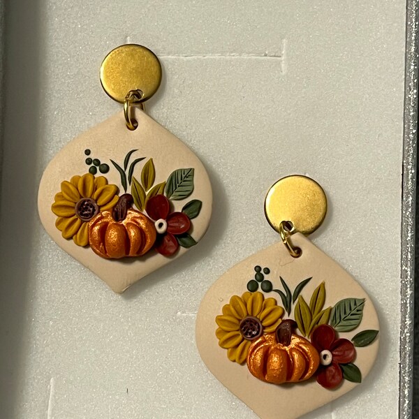 Polymer Clay Fall Earrings With Pumpkin and Sunflower, Boho Clay ...
