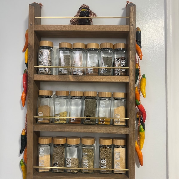 13 Wide Brass Rod Spice Rack Solid Wood 6-48 Jar Wall Mounted or ...