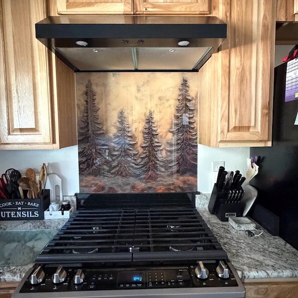 Copper Pine Tree Forest Stove Backsplash, Tempered Glass Kitchen Panel ...