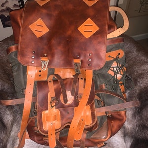 50L Camping Backpack Bushcraft Backpack Brown Green Handmade Leather ...