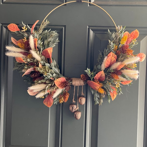 Autumn Wreath With Bells, Modern Fall Wreath, Fall Hoop Wreath, Gold ...
