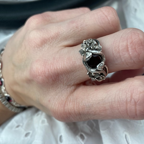 Garnet Snake and Flower Ring, Nature Inspired Ring, Magical Garden Ring ...