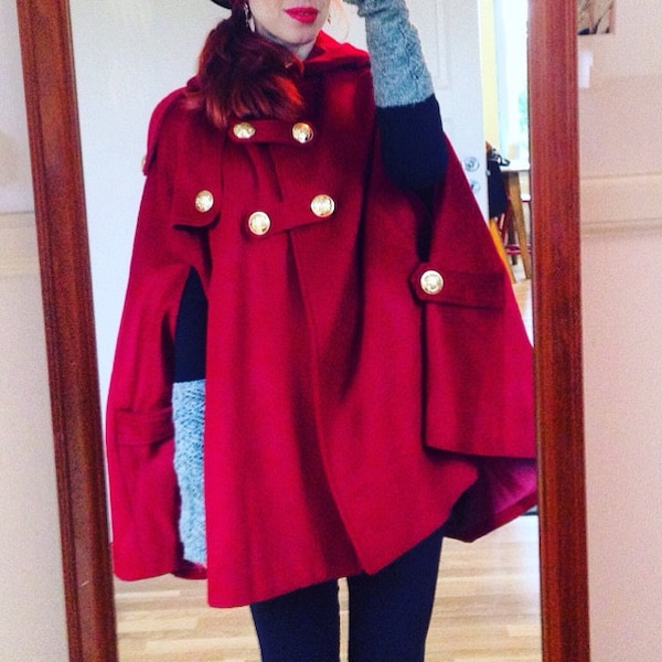 Women's Winter Red Wool Hooded Wool Cape Coat, Plus Size Cape Coat ...