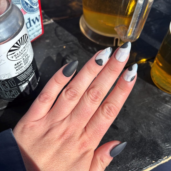 Retro Cherry Red Press on Nails | Floral Sky Blue Accent Nails | 70s ...