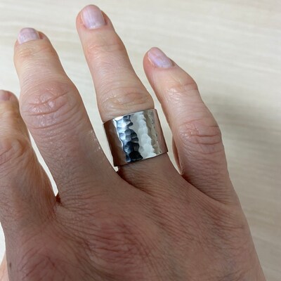 Wide Band Ring Waterproof Jewelry Silver Tube Ring Adjustable Hammered ...