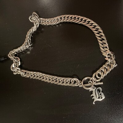 Letter Charm Necklace, Silver Chunky Chain Choker, Stainless Steel ...