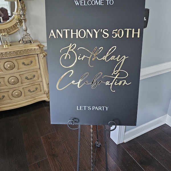 3D Gold Mirror Happy Birthday Acrylic Welcome Entrance Sign, Let's ...