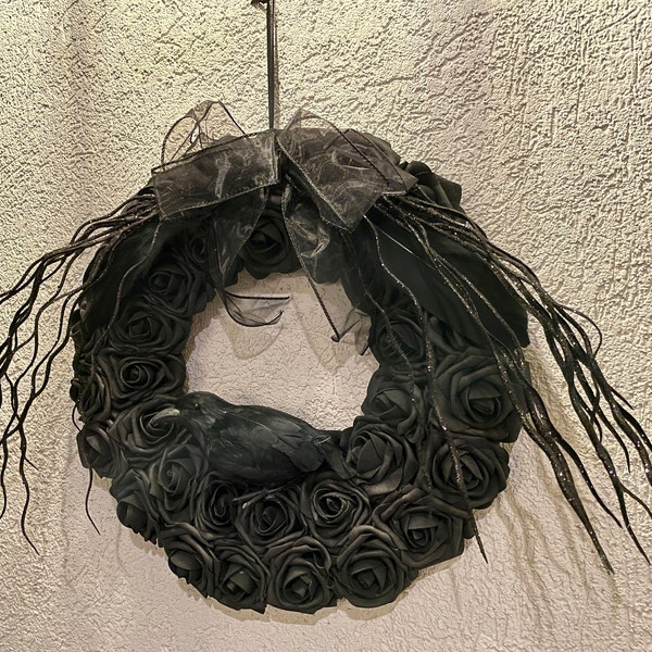 Raven Wreath. Gothic Black Rose Wreath. Raven Wall Decor. Halloween ...