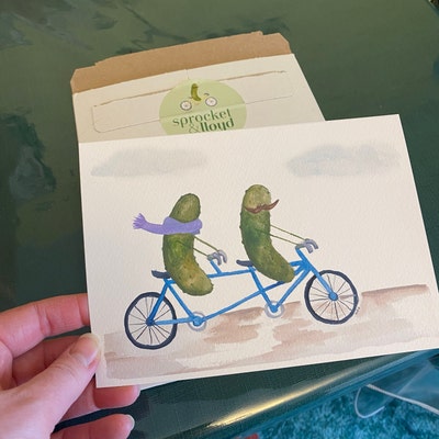 Whimsical Pickles on a Bicycle Built for Two Watercolor Art Print - Etsy