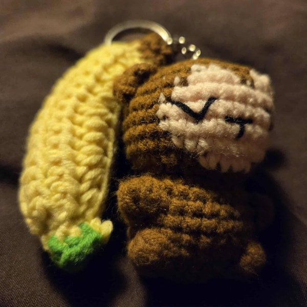 Crochet Monkey With Banana Keychain, Crochet Baby Monkey Keychain ...