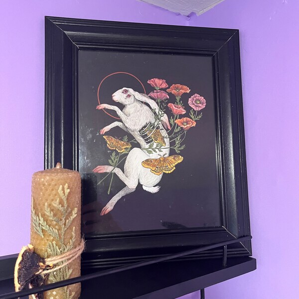 White Rabbit With Poppy Flowers- Giclee Print From Original Hand ...