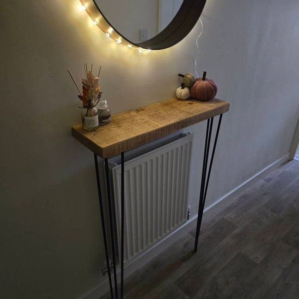 Narrow Omni Rustic Console Table With Black 3 Pin Hairpin Legs ...