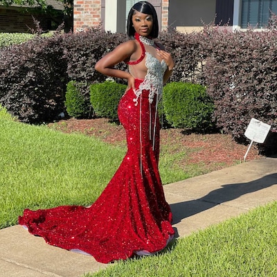 Stephanie RED Overlap Sequins on RED Stretch Velvet Fabric by the Yard ...