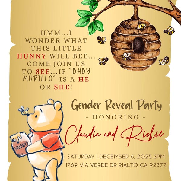 Winnie the Pooh Editable Invitation; Gender Reveal What Will This Hunny ...