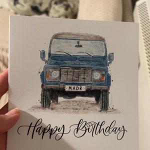 Blue Land Rover Illustrated Personalised Number Plate Happy Birthday ...