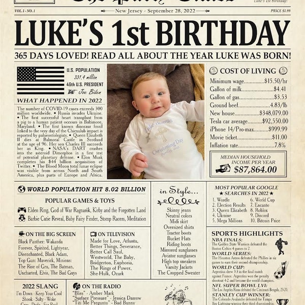 1st Birthday Newspaper Poster Sign, 1st Birthday Gift for Son or ...