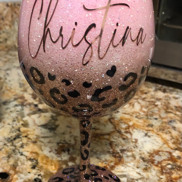 Pink and Champagne Glittered Cheetah Wine Glass / Leopard Glittered ...