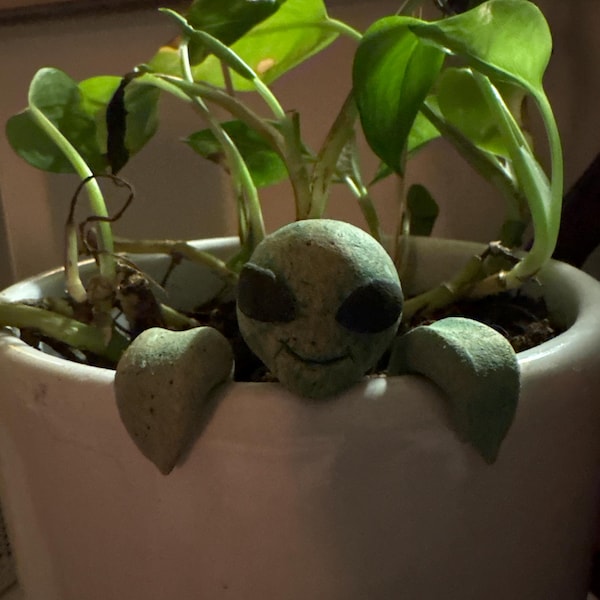 Alien Plant Buddy, Ceramic Alien, Garden Art, Plant Stake, Mini Green ...