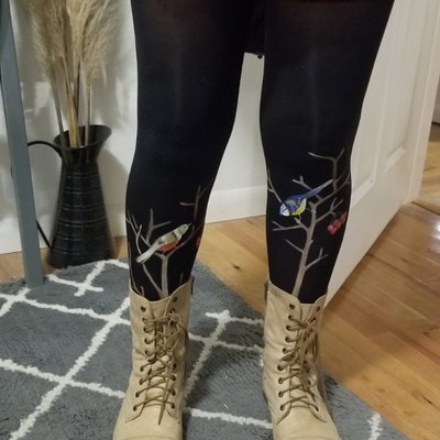 Unique Tights for Women With Hand Painted Motives Blue Birds - Etsy