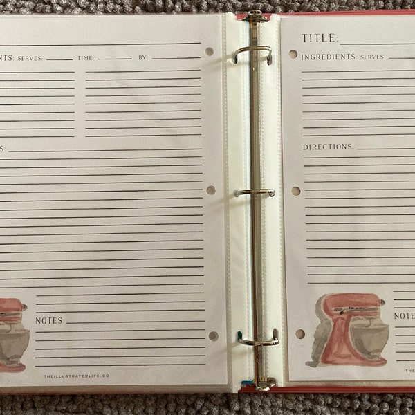 Recipe Binder Filler Paper - Pink Mixer, Watercolor Illustrations, Full ...