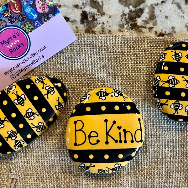 Set of 3 Bee Painted Rocks Be Kind Bumblebee Stones for Decoration ...
