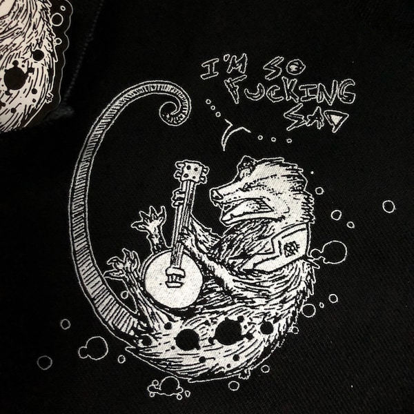 Folk Punk Banjo Opossum Patch - Screenprinting White Ink on Black ...