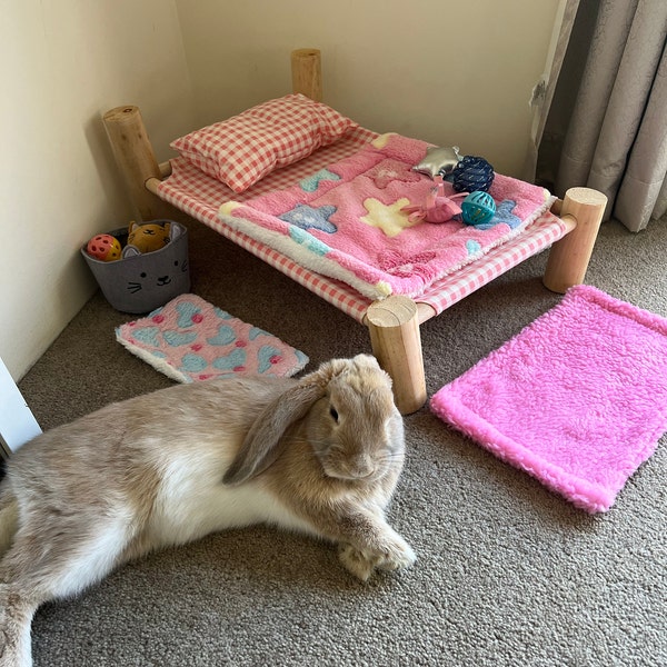 Rabbit Bunny Pet Bed, Wooden Bed With Pillow and Bedsheet Set, Multi ...