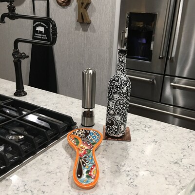 Hand Painted Wine Bottle Olive Oil Pourer, Turquoise and White, Vibrant ...